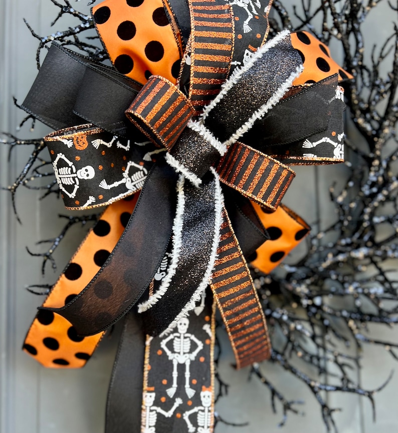 Halloween Skeleton Bow: Polka Dot Glitter Ribbon, Spooky Decor - Etsy