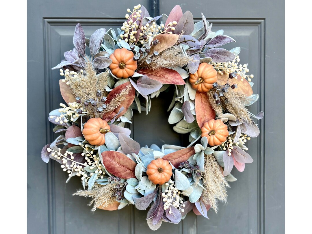 Fall Pumpkin Wreath: Boho Pampas Grass & Lamb's Ear Decor - Etsy