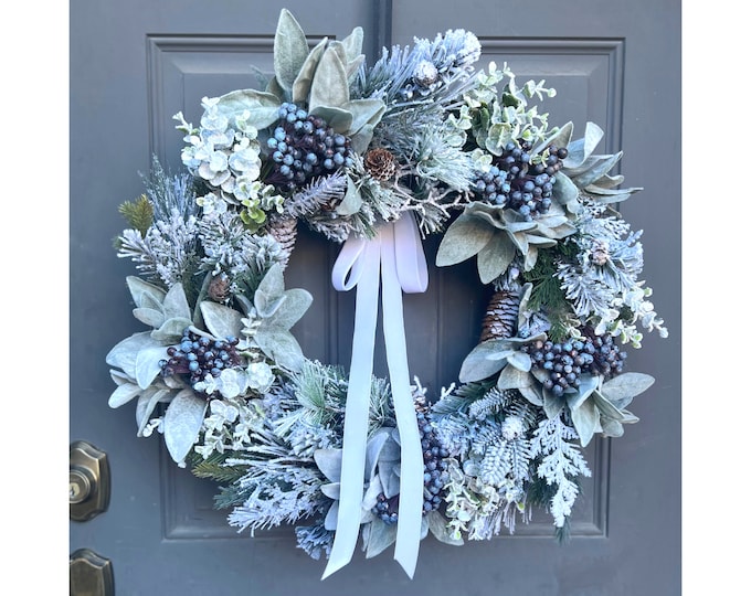 Blue Glitter Eucalyptus Flocked Christmas Wreath, Winter Wreath, White ...