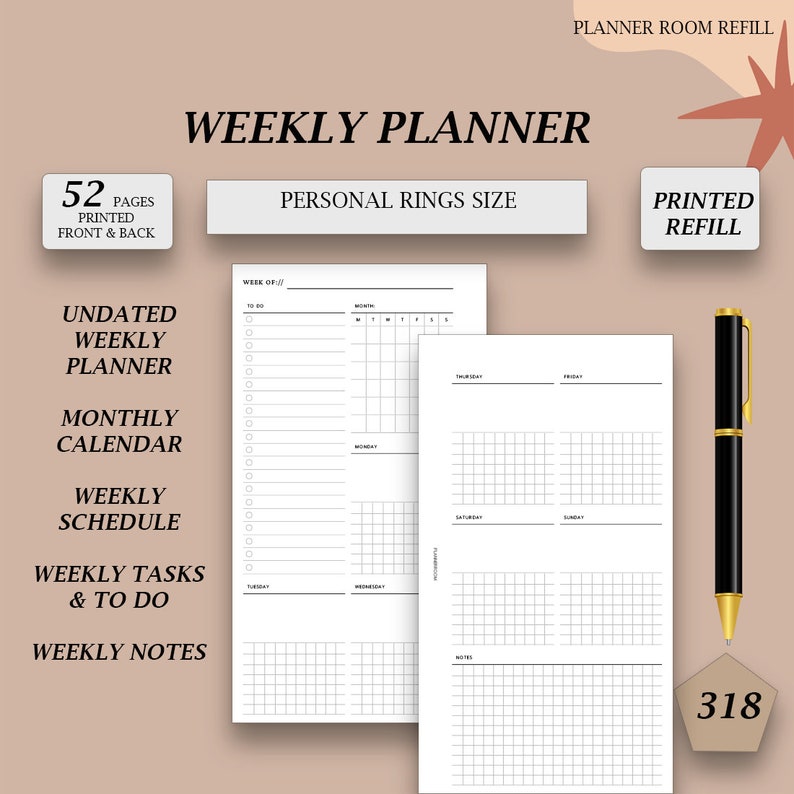 PRINTED Personal Weekly Planner Inserts Weekly Undated - Etsy