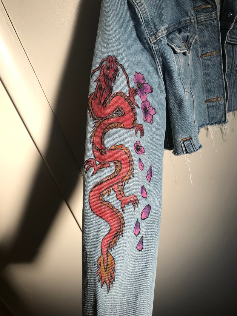Hand-painted Dragon & Snake Denim Jacket - Cropped Light Wash (women's ...