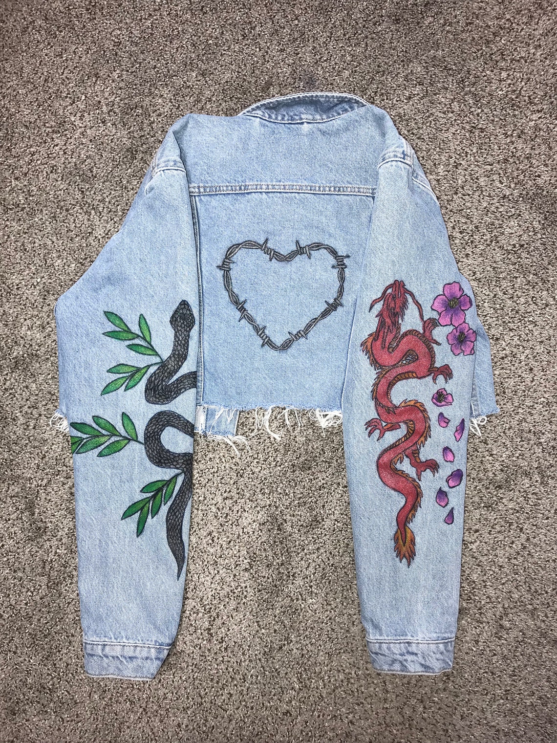 Hand-painted Dragon & Snake Denim Jacket - Cropped Light Wash (women's ...