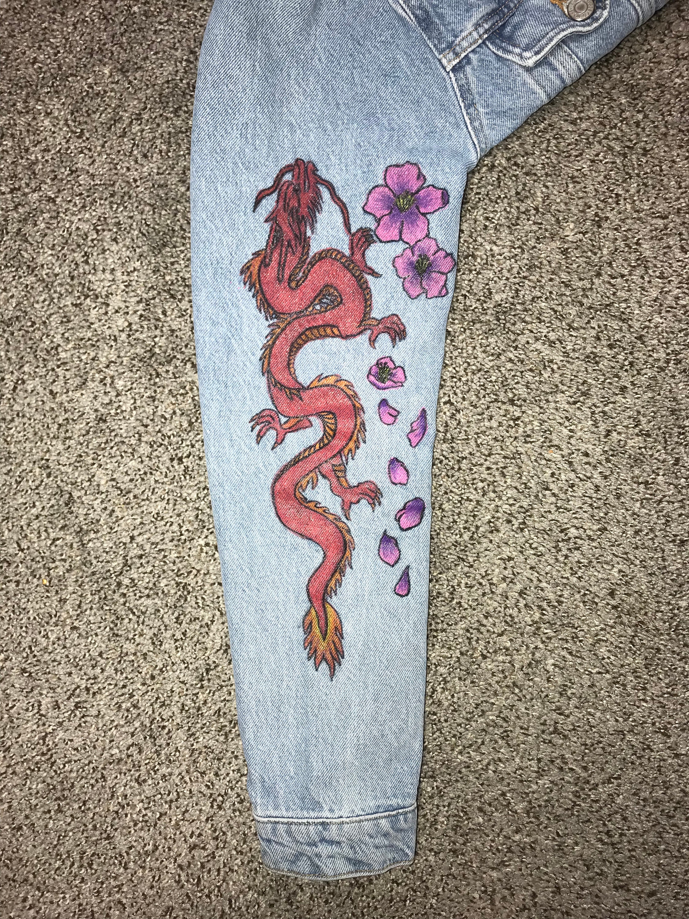 Hand-painted Dragon & Snake Denim Jacket - Cropped Light Wash (women's ...