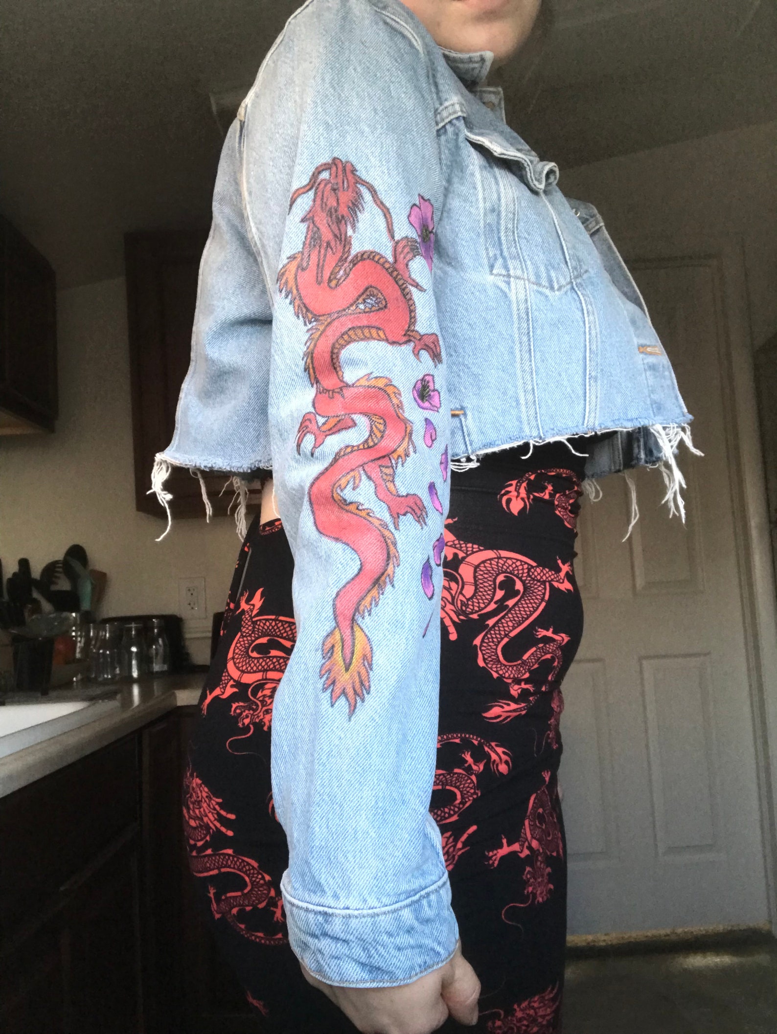Hand-painted Dragon & Snake Denim Jacket - Cropped Light Wash (women's ...