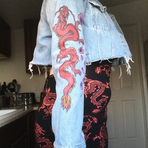 Hand-painted Dragon & Snake Denim Jacket - Cropped Light Wash (women's ...