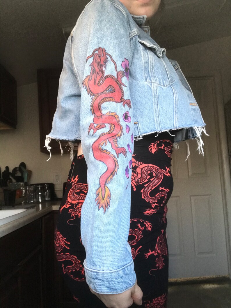 Hand-painted Dragon & Snake Denim Jacket - Cropped Light Wash (women's ...