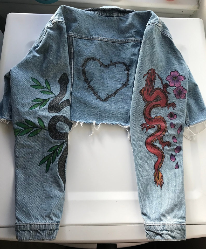 Hand-painted Dragon & Snake Denim Jacket - Cropped Light Wash (women's ...