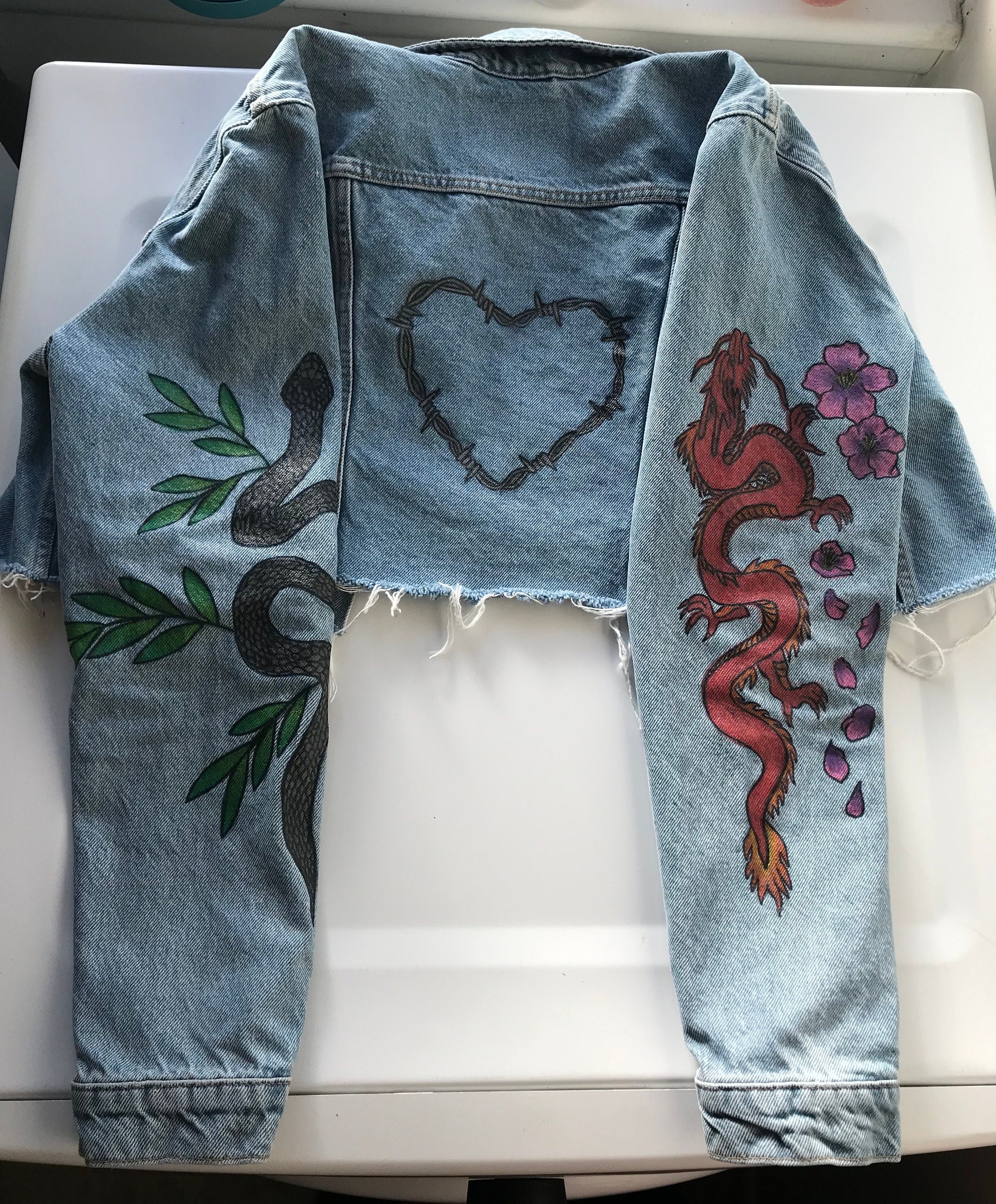 Hand-painted Dragon & Snake Denim Jacket - Cropped Light Wash (women's ...