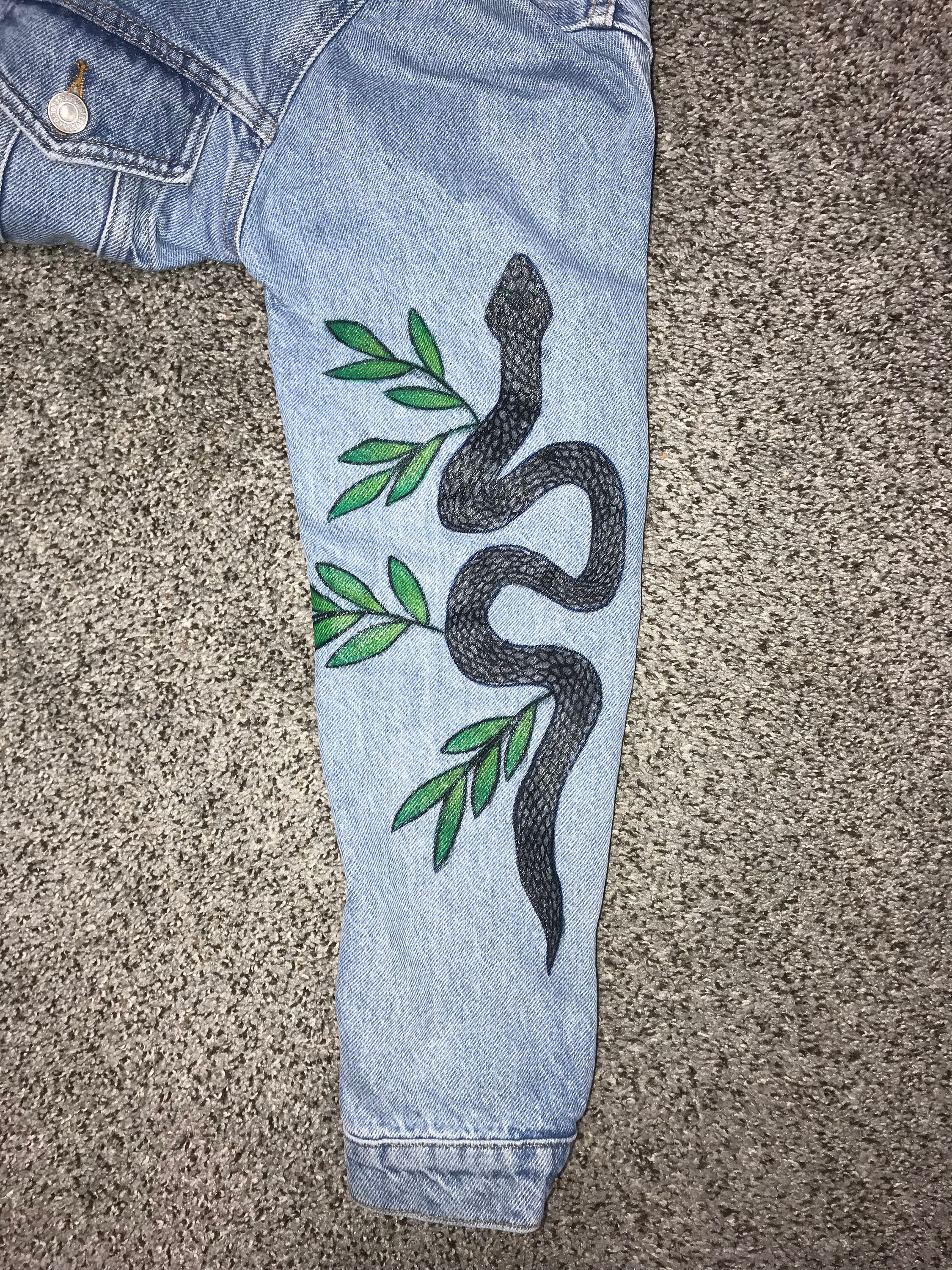 Hand-painted Dragon & Snake Denim Jacket - Cropped Light Wash (women's ...