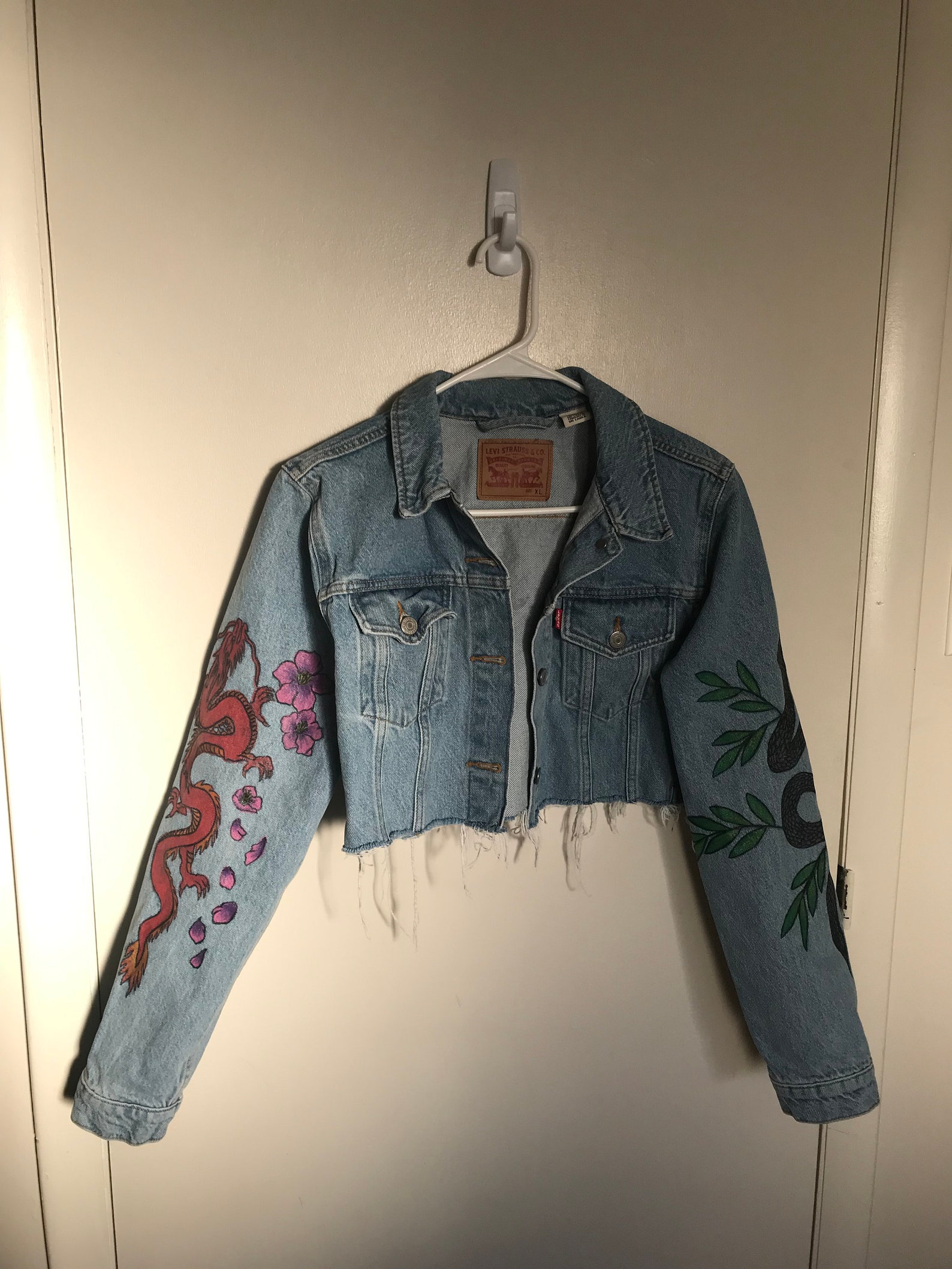 Hand-painted Dragon & Snake Denim Jacket - Cropped Light Wash (women's ...