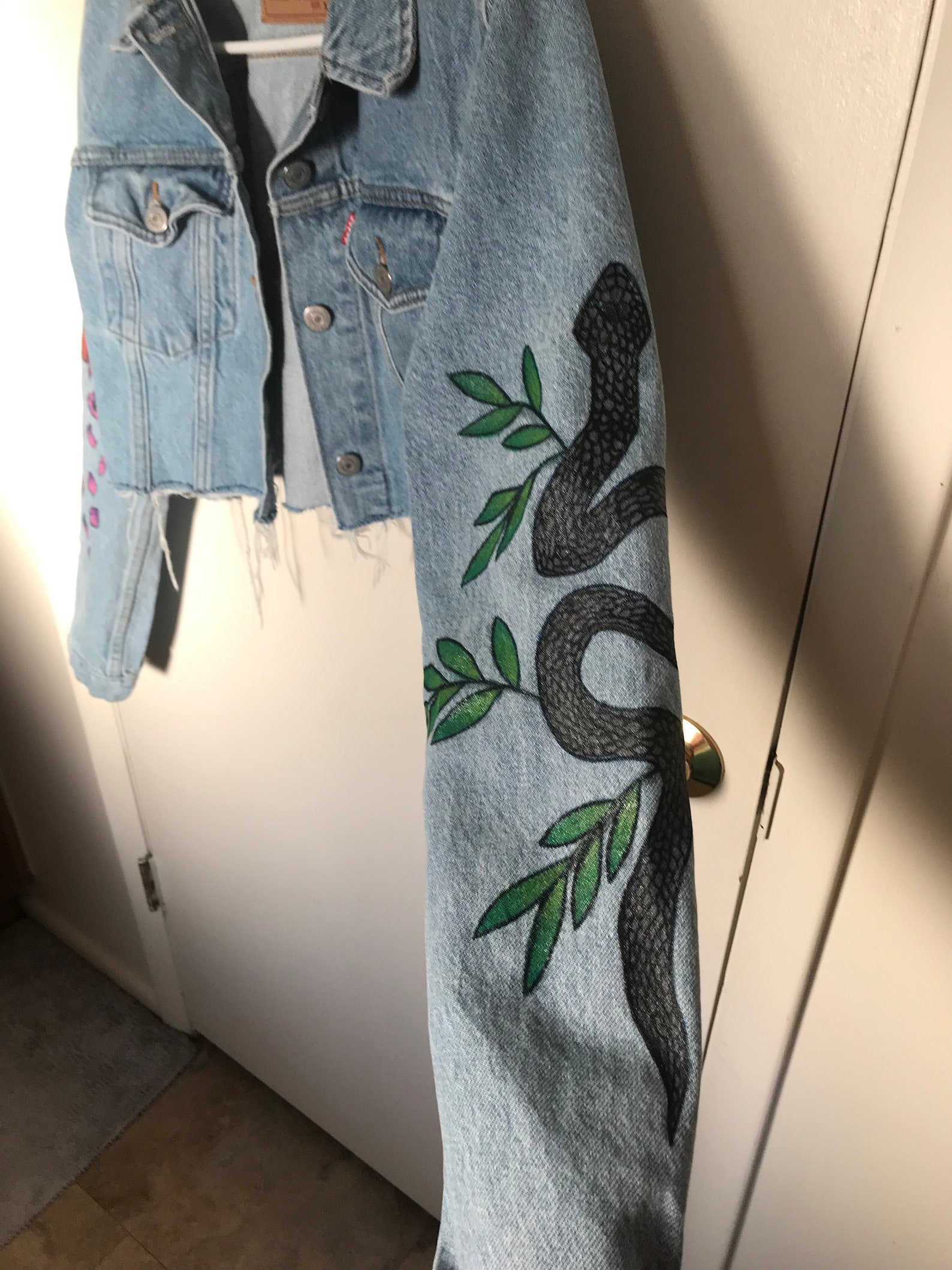 Hand-painted Dragon & Snake Denim Jacket - Cropped Light Wash (women's ...