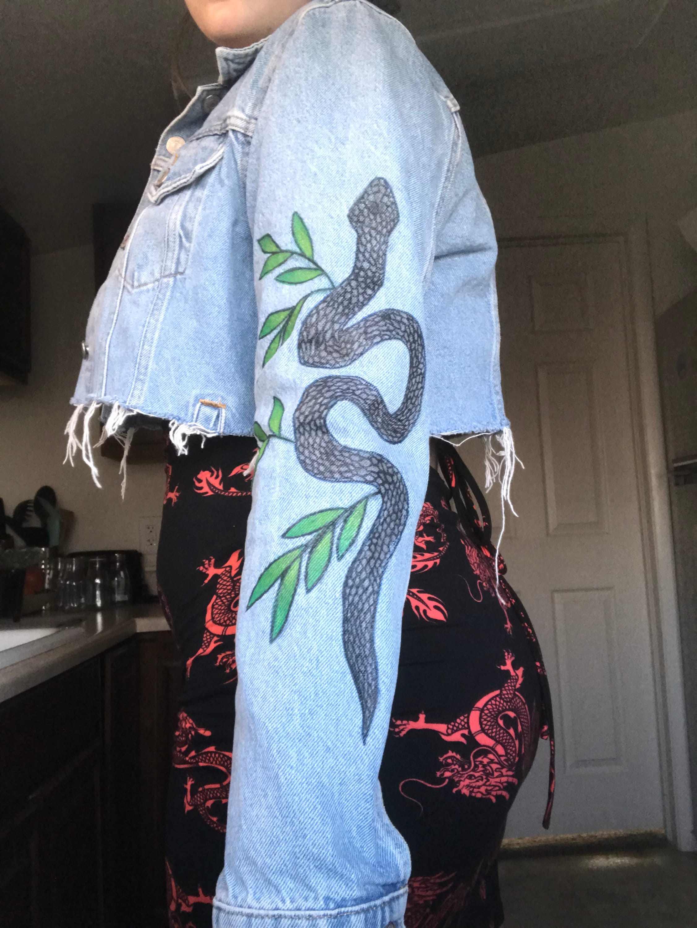Hand-painted Dragon & Snake Denim Jacket - Cropped Light Wash (women's ...