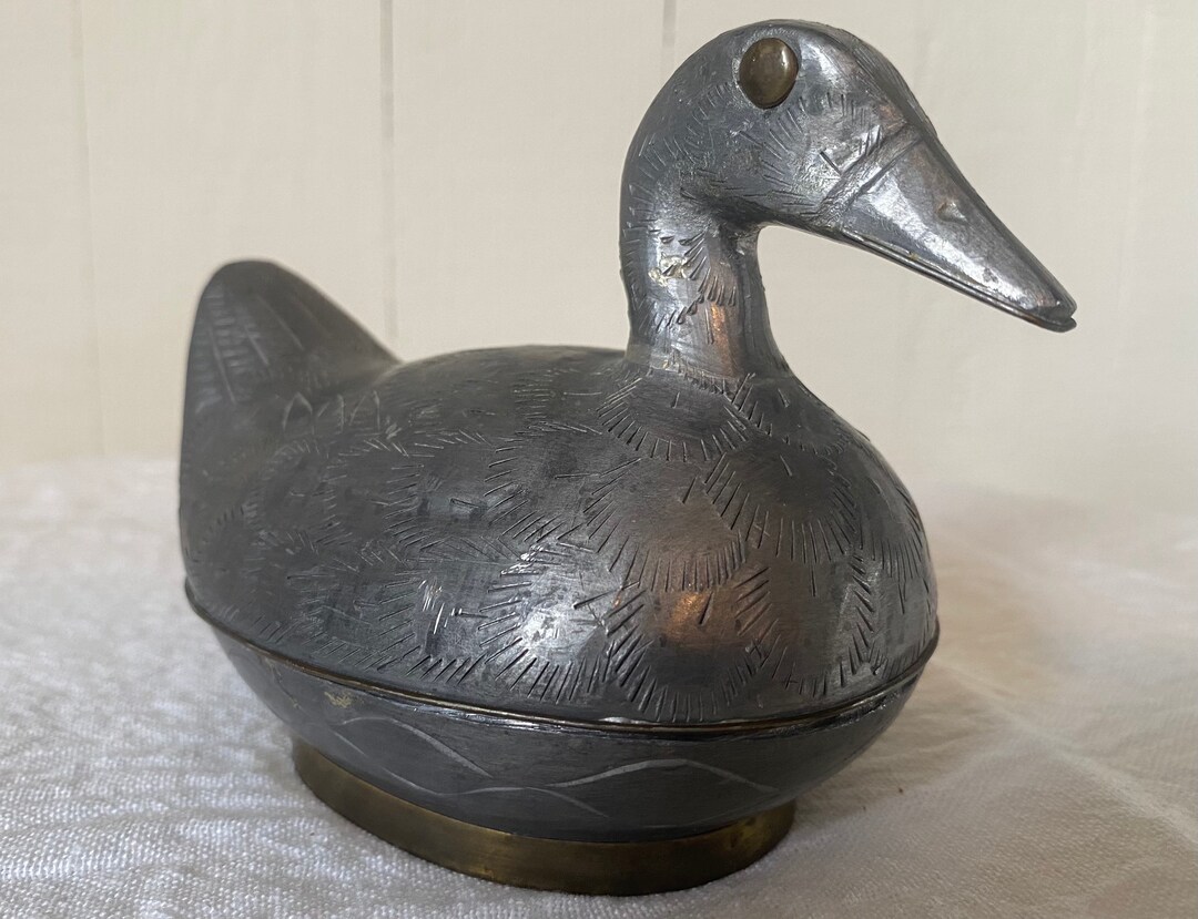 Vintage Pewter Duck Trinket Box With Brass Accents, Made in Hong Kong ...