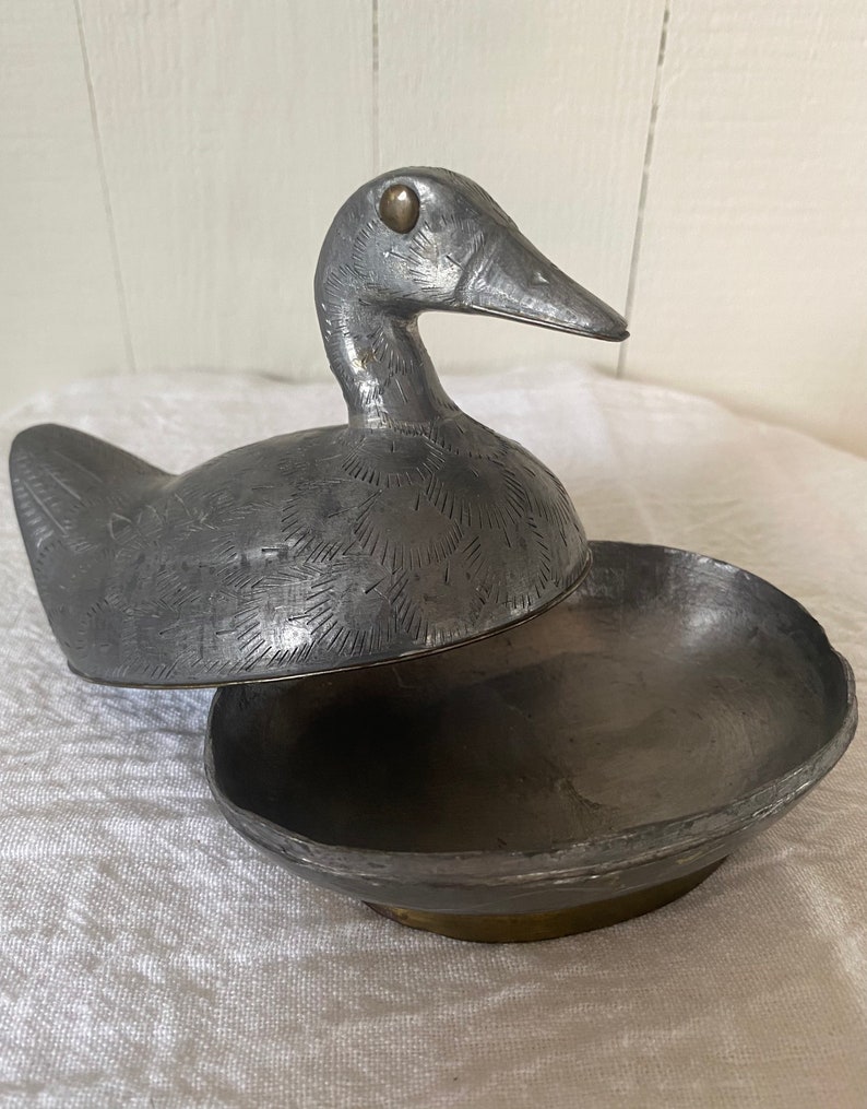 Vintage Pewter Duck Trinket Box With Brass Accents, Made in Hong Kong ...
