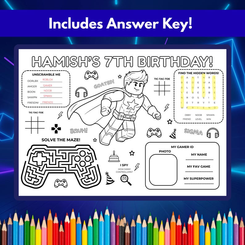 Blox Activity Sheet for Kids | Custom Kids Gaming Birthday Placemat ...