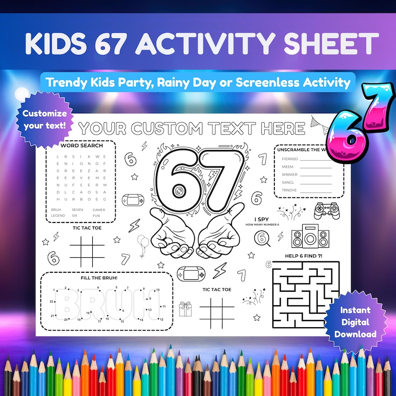 Kids 67 Activity, 6 7 Meme Activity Sheet, Six Seven Party Favors, Kids ...