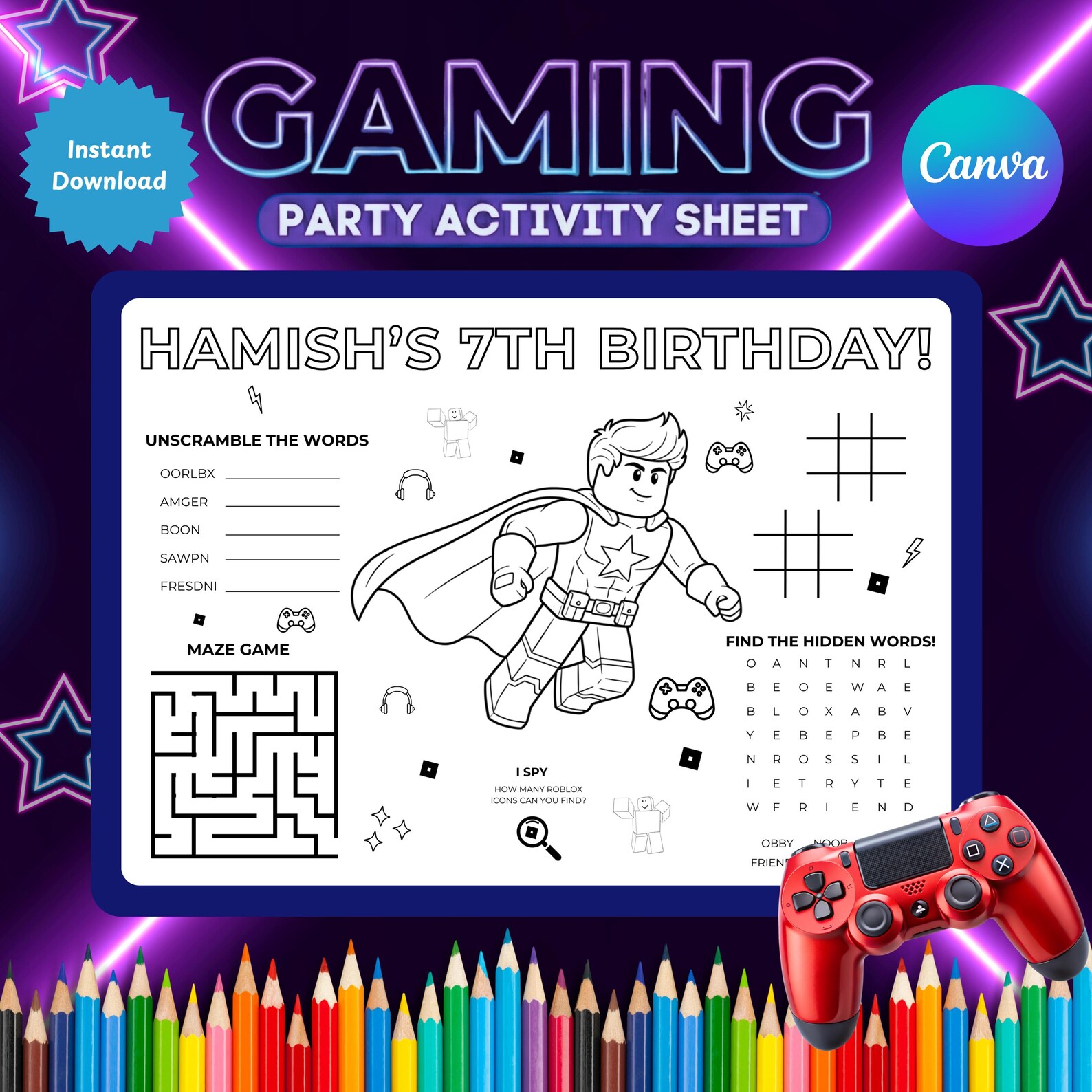 Custom Roblox Kids Birthday Party Activity Sheet | Kids Gaming Activity ...