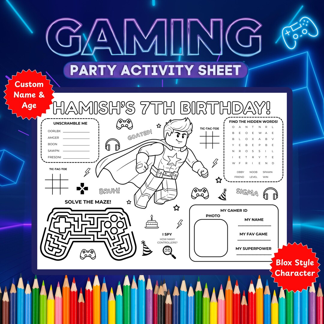 Blox Activity Sheet for Kids | Custom Kids Gaming Birthday Placemat ...