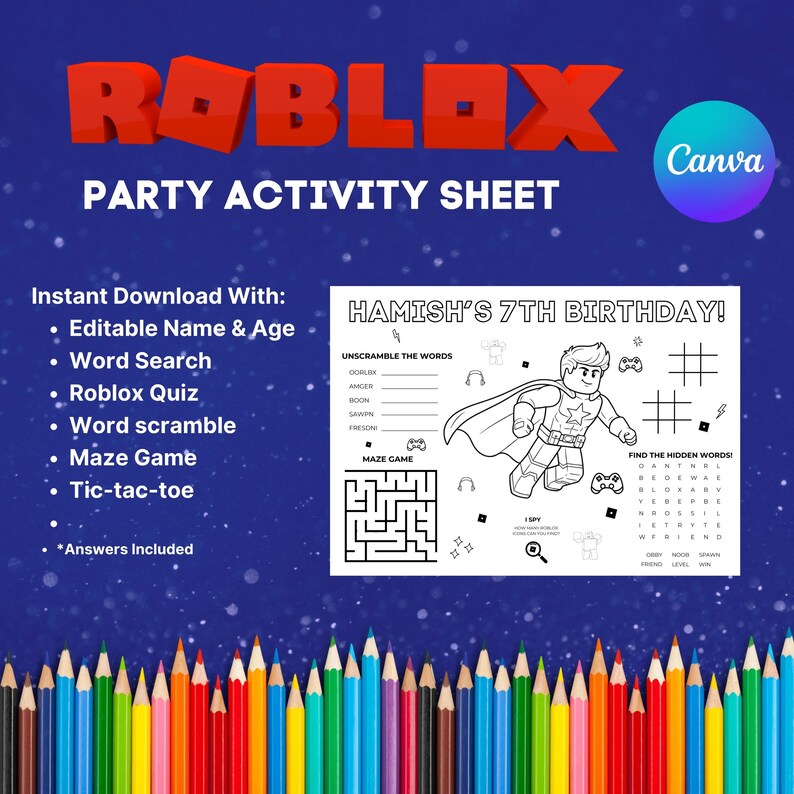 Roblox Birthday Party Activity Sheet Colouring Placemat – Word Search ...