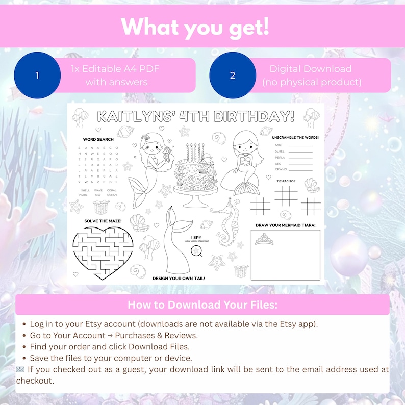 Personalized Mermaid Activity Sheet, Mermaid Party Favors, Kids Party ...