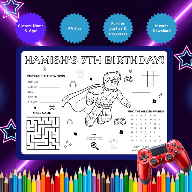 Custom Kids Gaming Party Activity Sheet | Kids Gaming Activity | Gamer ...