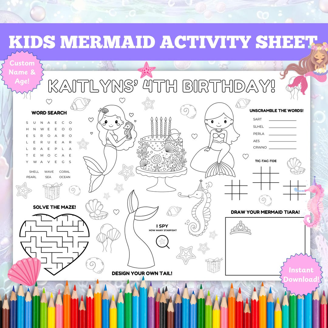 Personalized Mermaid Activity Sheet, Mermaid Party Favors, Kids Party ...