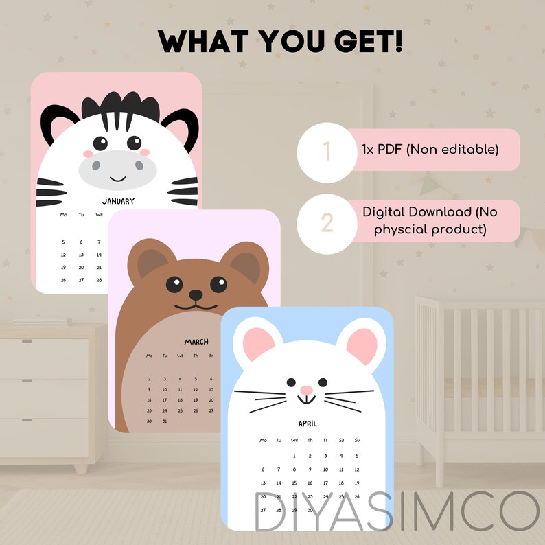 2026 Kids Calendar Printable – Cute Animal Monthly Calendar PDF ...