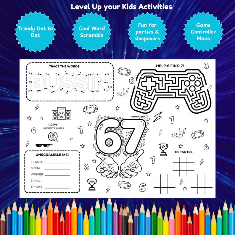 Kids 67 Activity Sheet | Printable Dot to Dot, Maze, Word Search | Six ...
