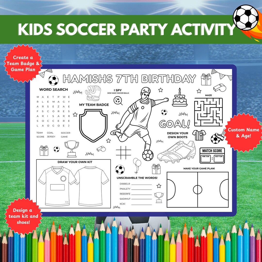 Soccer Activity Sheet, Custom Football Party Placemat, Kids Coloring ...