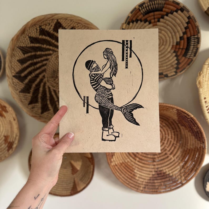 Drawn to You - Mermaid and Sailor Handmade Block Print - Etsy