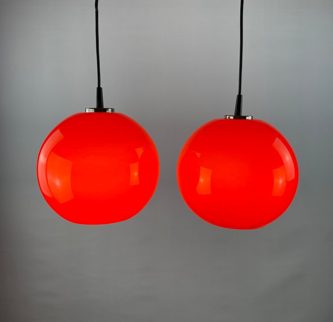 Pair of Two Cherry Red Glass Peill & Putzler Pendant Lights - Etsy