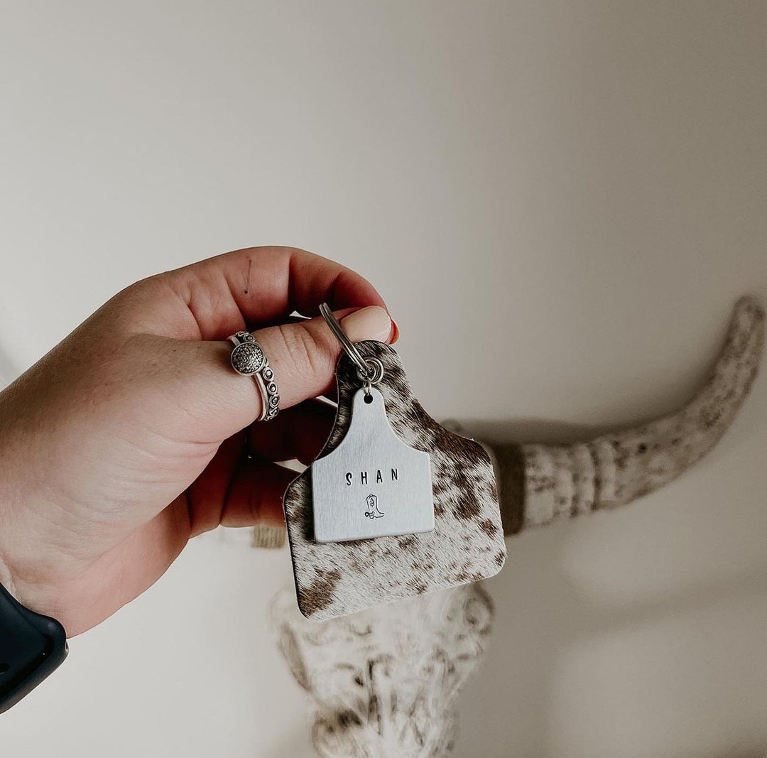 Cowhide Cattle Tag Keychains- Customisable - Etsy