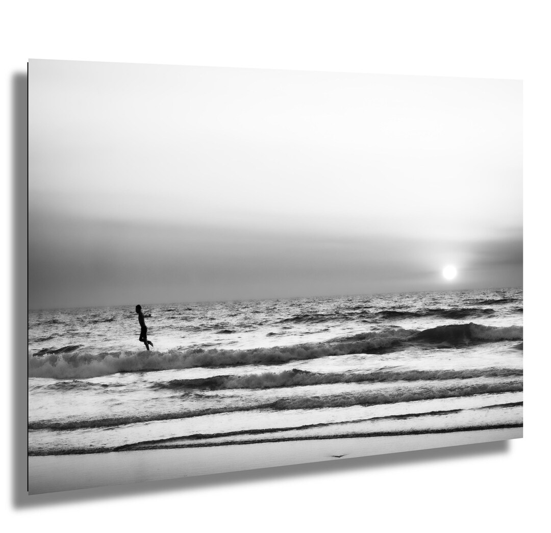 Boy Joyfully Surfing – Minimalist Ocean Black and White Photography ...