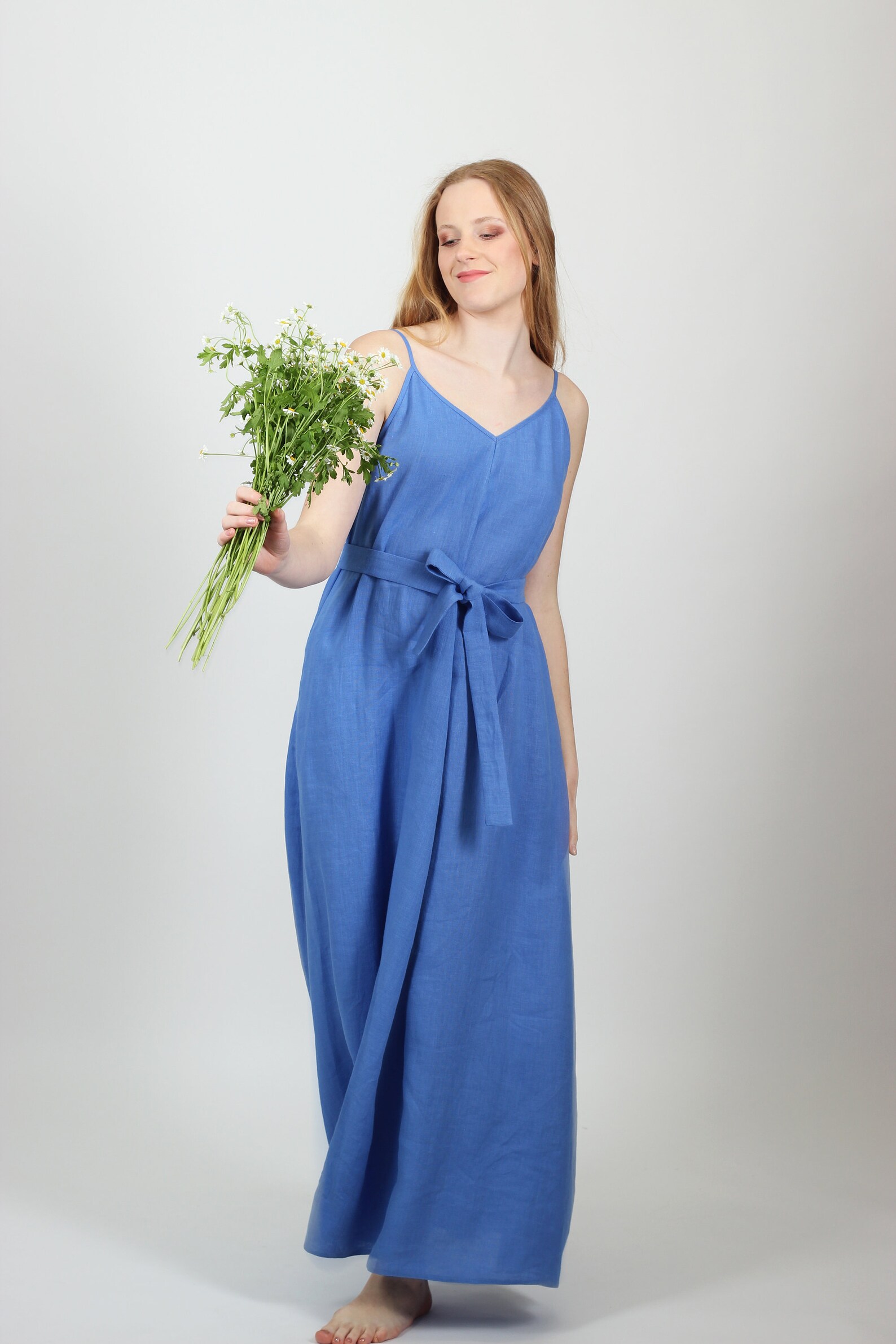 Linen Bridesmaid Dress. Linen Maxi Dress. Blue Wedding Guest Dress ...