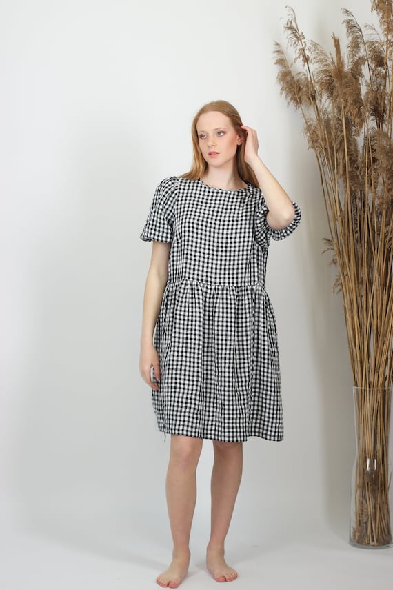Linen Gingham Dress. Smock Dress With Short Puff Sleeves. Midi | Etsy