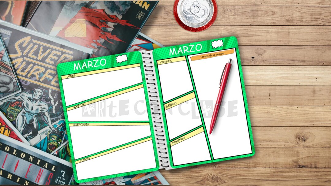 Weekly Planner Comic Week View on Two Pages Perpetual Agenda Digital ...