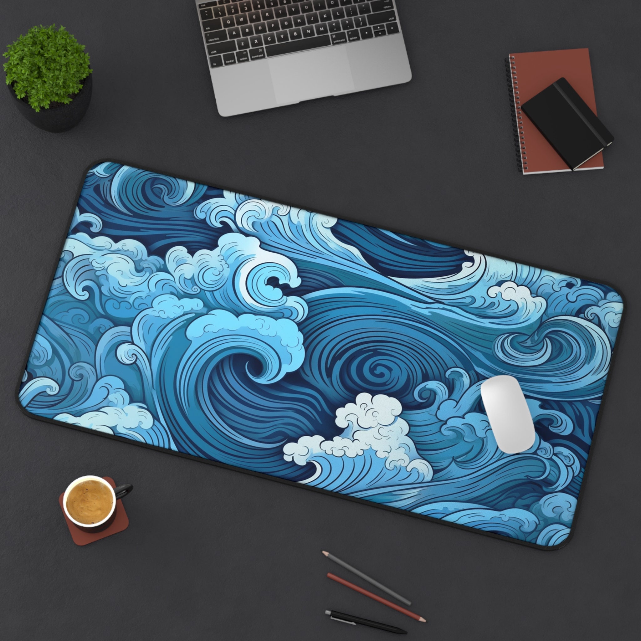 Flowy Waves Desk Mat, XXL Gaming Mouse Pad, Blue Water Mousepad ...