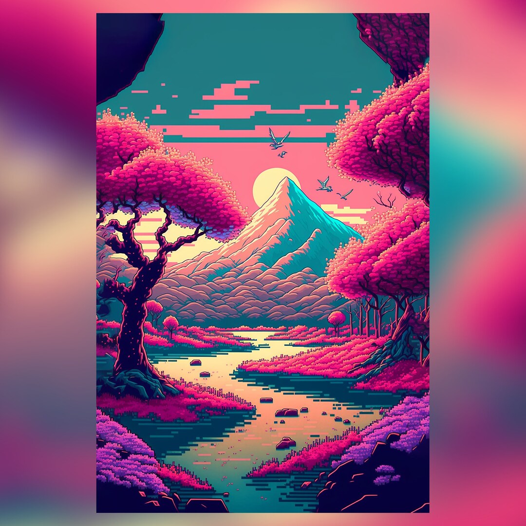 Pixel Japan Poster Video Game Art Print Mount Fuji Wall Art - Etsy