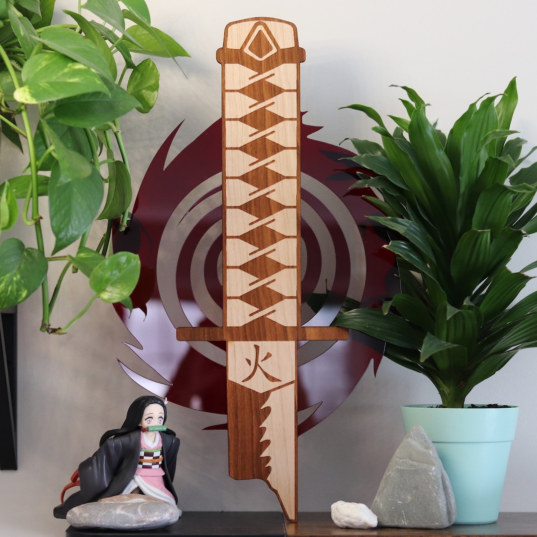 Japanese Katana Wall Hanging, Asian Broken Fire Sword Art, Cherry Wood ...