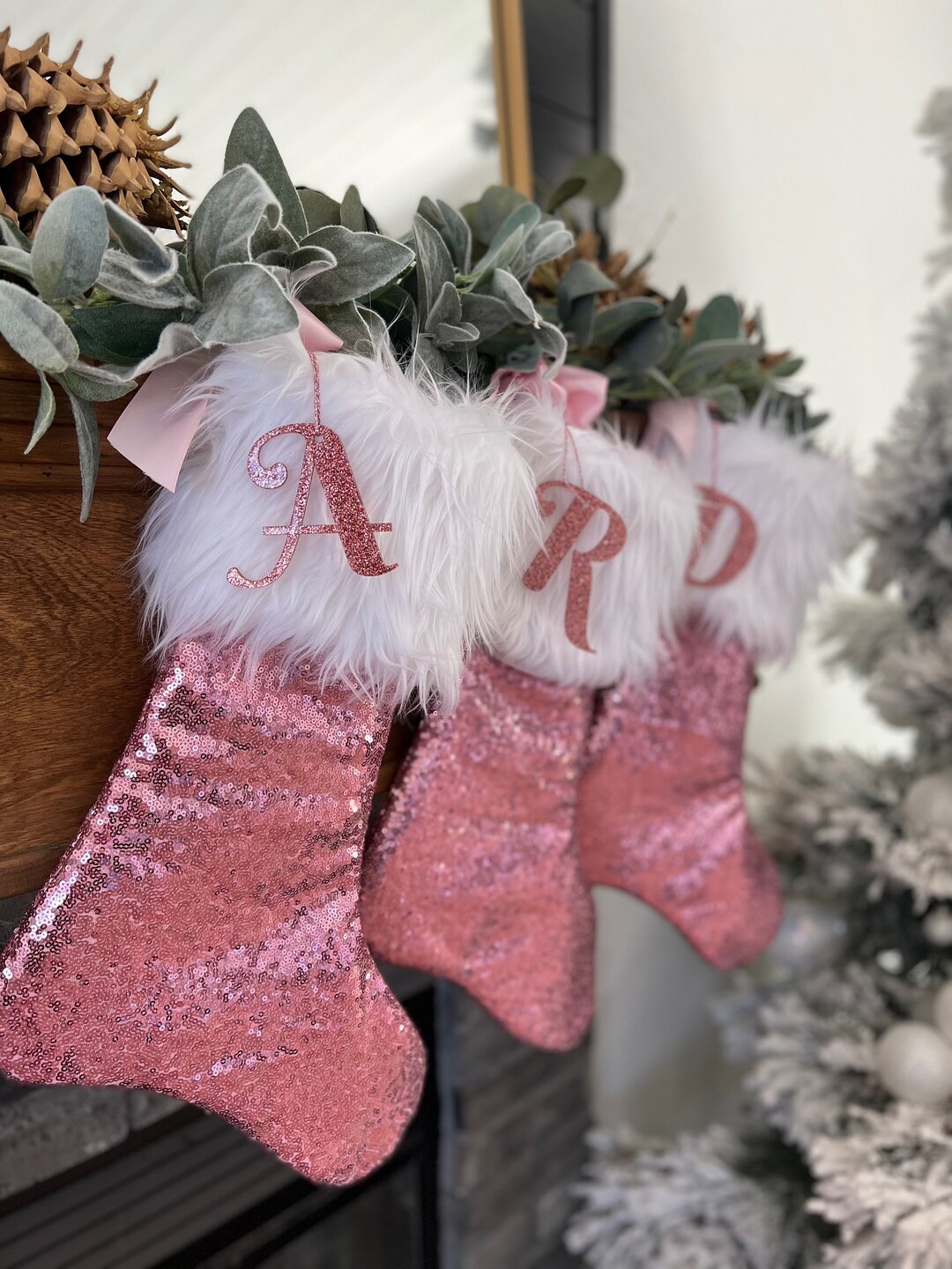 Baby Pink Sequin Christmas Stocking, Faux Fur Christmas Stocking ...