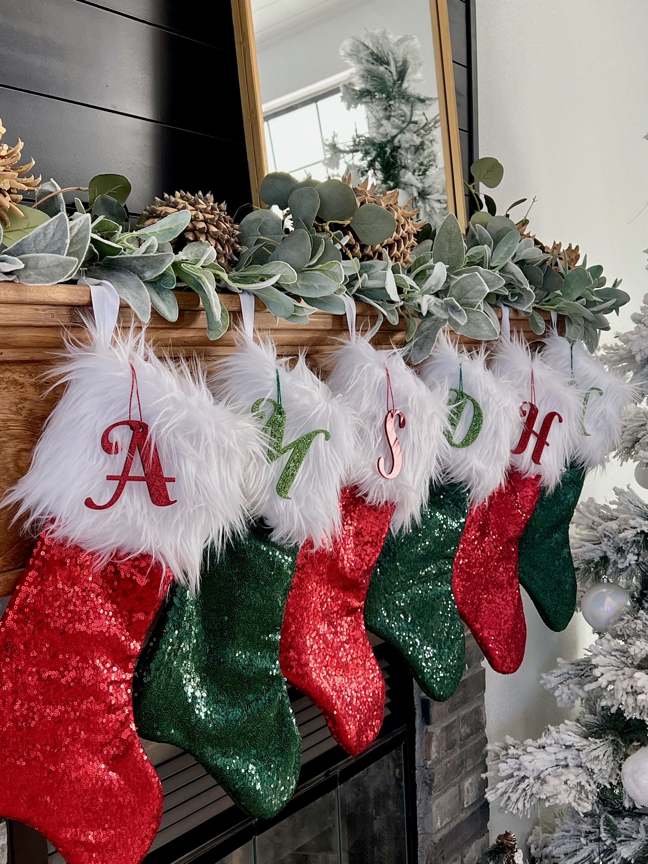 Red and Green Sequin Christmas Stocking, Faux Fur Christmas Stocking ...
