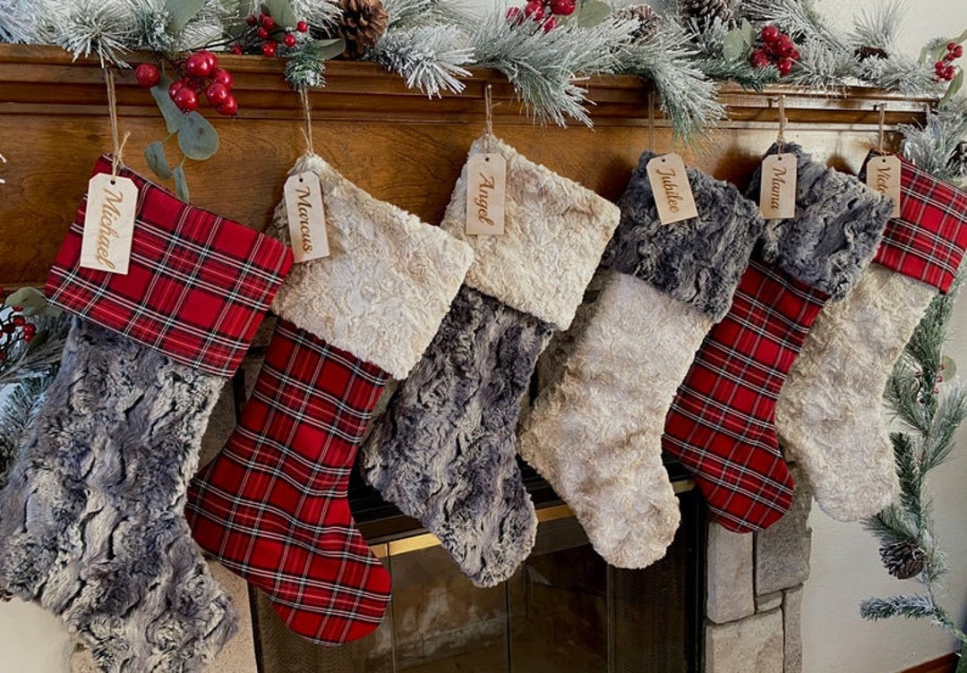 Plaid Christmas Stocking, Buffalo Check Stocking, Personalized Fur ...