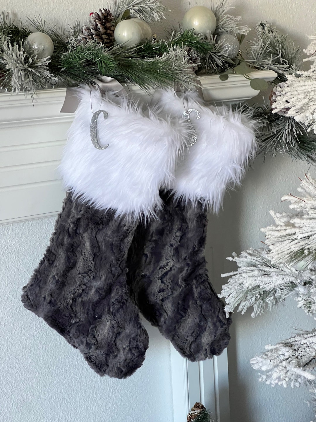 Silver Christmas Stocking, Faux Fur Christmas Stocking, Gray Personalized Xmas Stocking, Sparkle ...