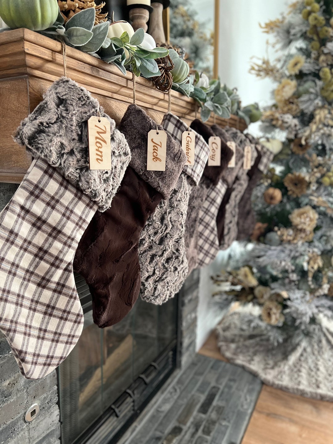 Personalized Christmas Stocking, Brown Plaid Christmas Stocking ...