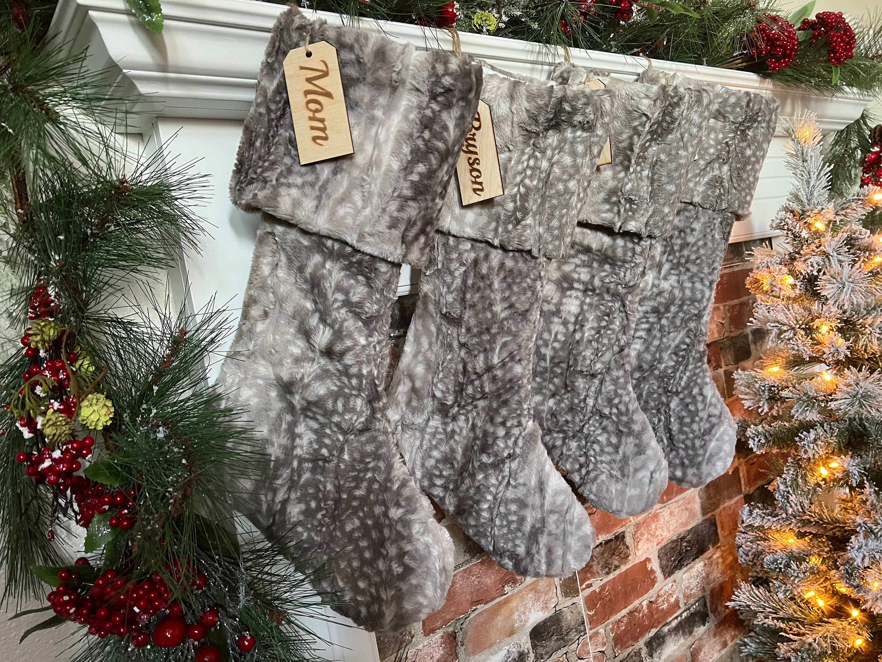 Charcoal Fawn Christmas Stocking, Faux Fur Christmas Stocking ...