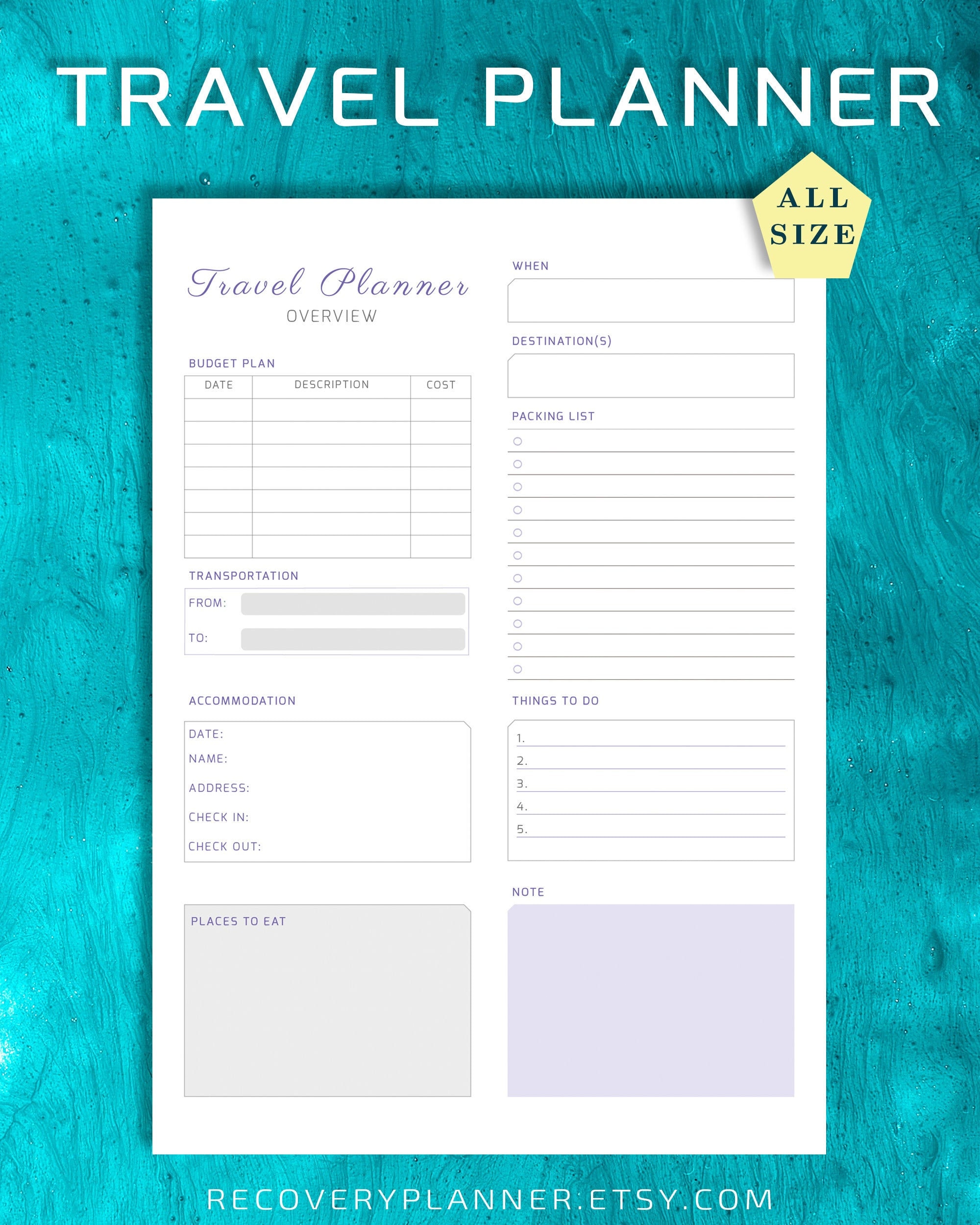 Planificador de viajes imprimible TODO EL TAMAÑO / Itinerario | Etsy