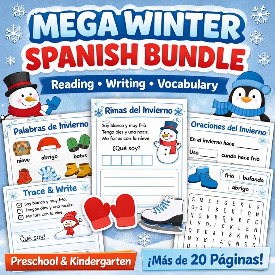 Winter Spanish Worksheets for Preschool & Kindergarten Spanish Literacy ...
