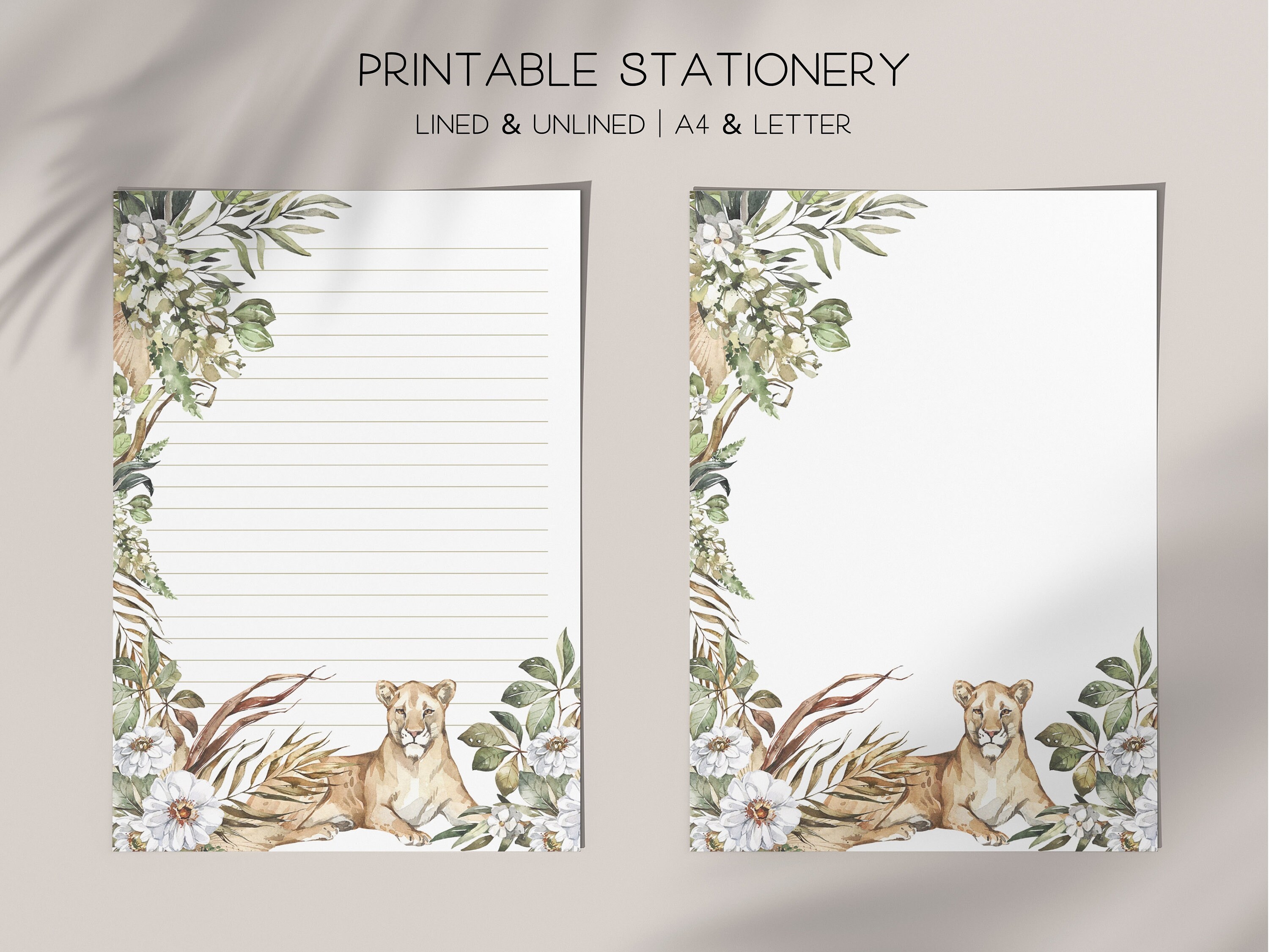 Botanical Floral Lion Letter Writing Paper, Digital Download, Savanna ...