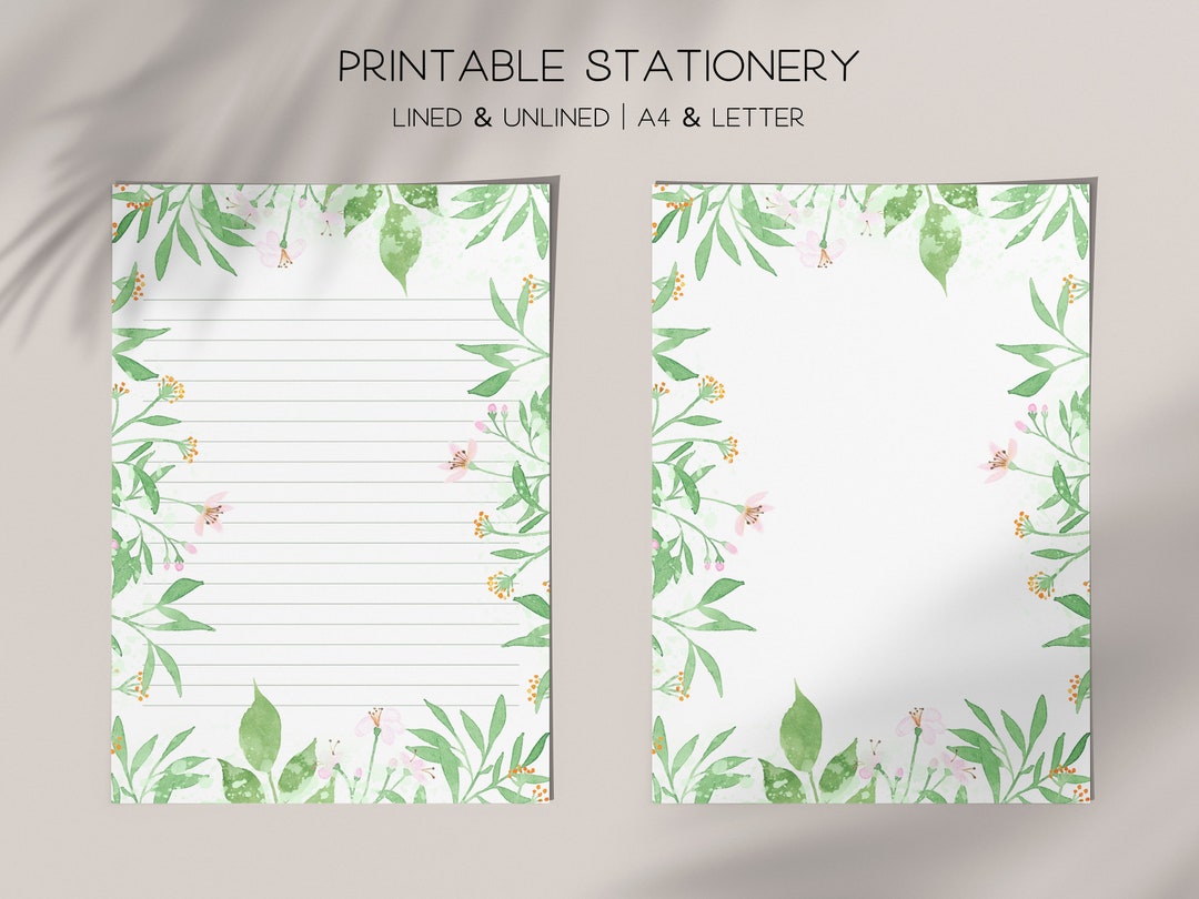 Botanical Floral Frame Letter Writing Paper, Digital Download, Green ...