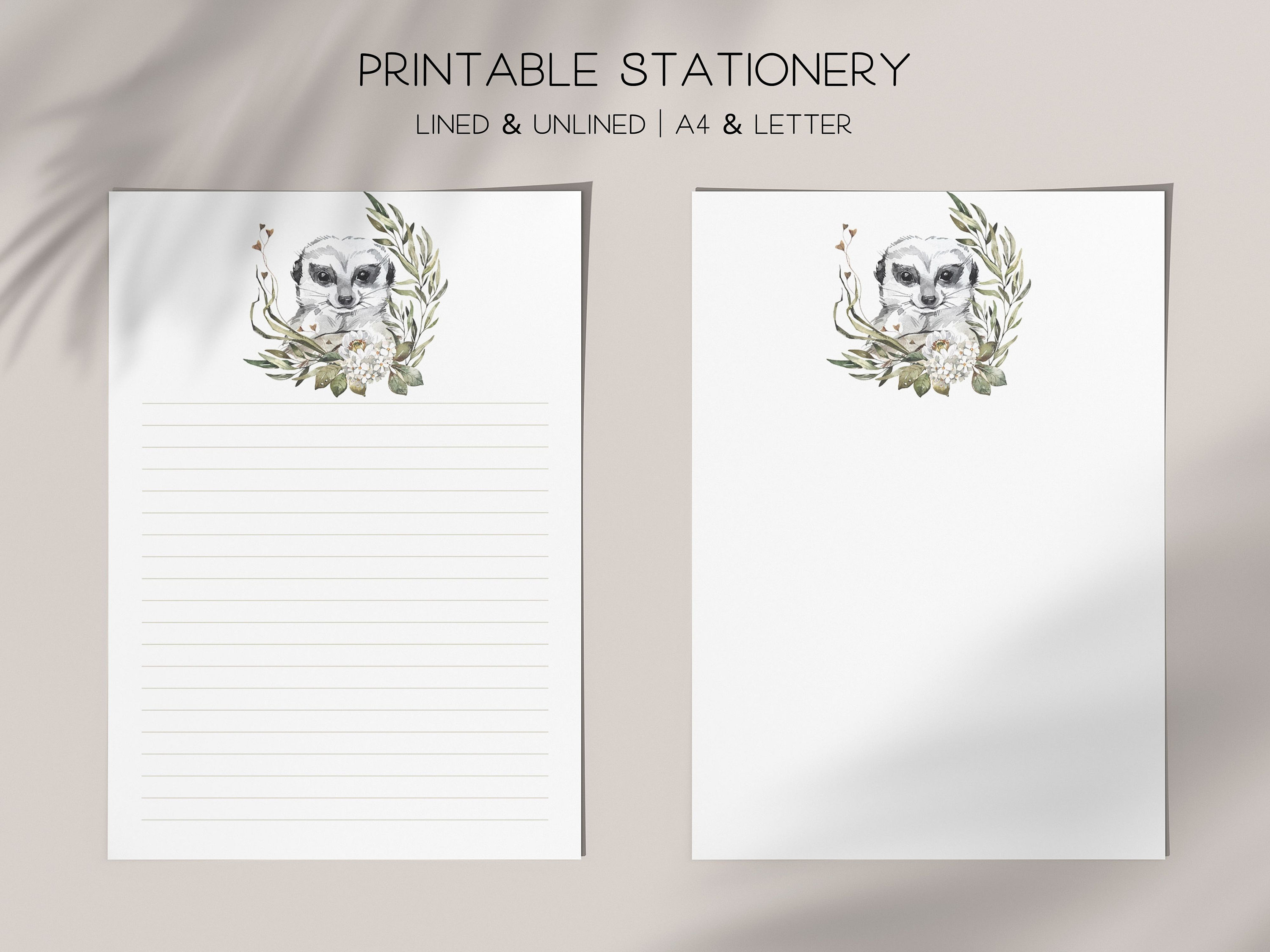 Botanical Floral Meerkat Letter Writing Paper, Digital Download ...